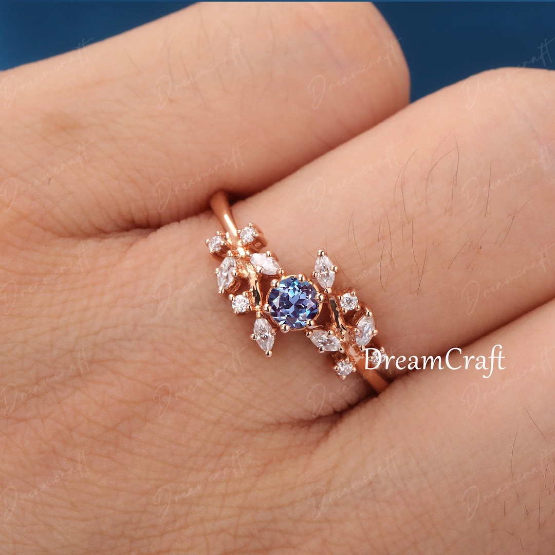 Alexandrite Cluster Ring 14K Rose Gold Unique Engagement Ring Diamond ...