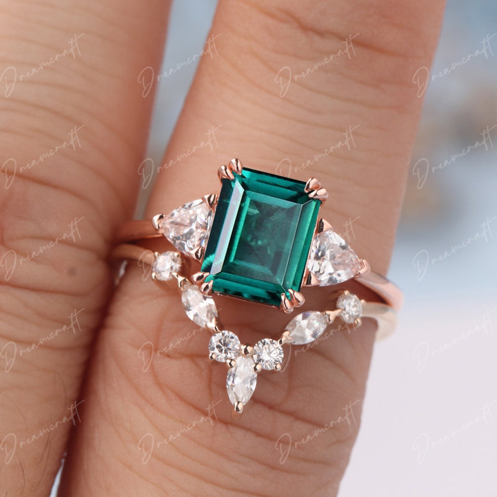 Emerald Engagement Ring Set 3CT Emerald Cut Green Engagement | Etsy