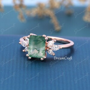 Moss Agate Engagement Ring 4ct Emerald Cut Solid 14K Gold - Etsy