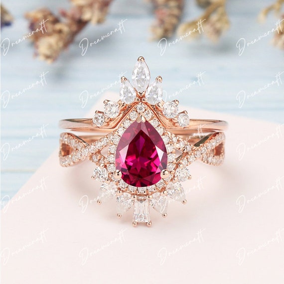 Ruby Engagement Ring Gold 14K Pear Shape Unique Engagement | Etsy