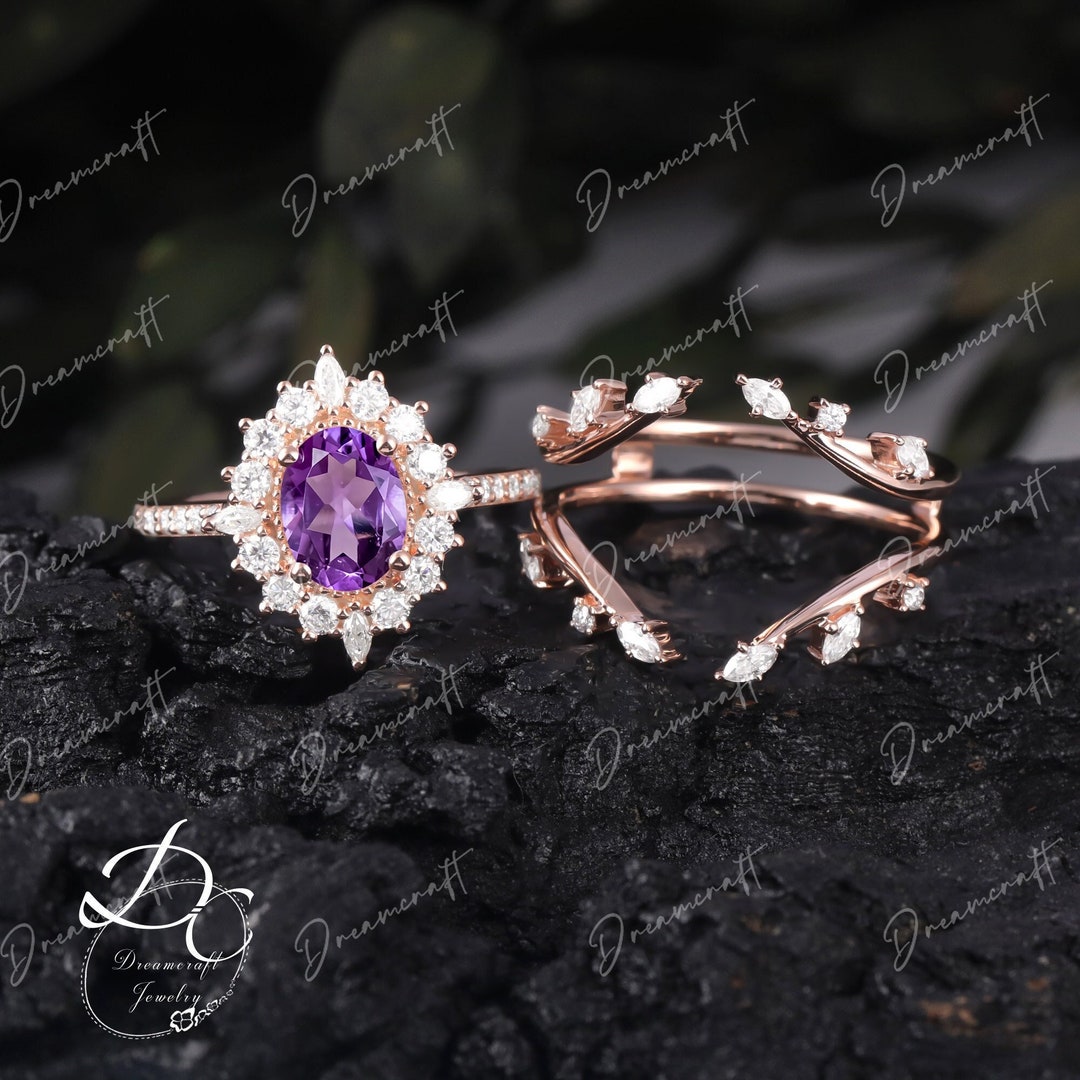 Amethyst Engagement Ring Sets Vintage Oval Halo Engagement Ring Rose ...