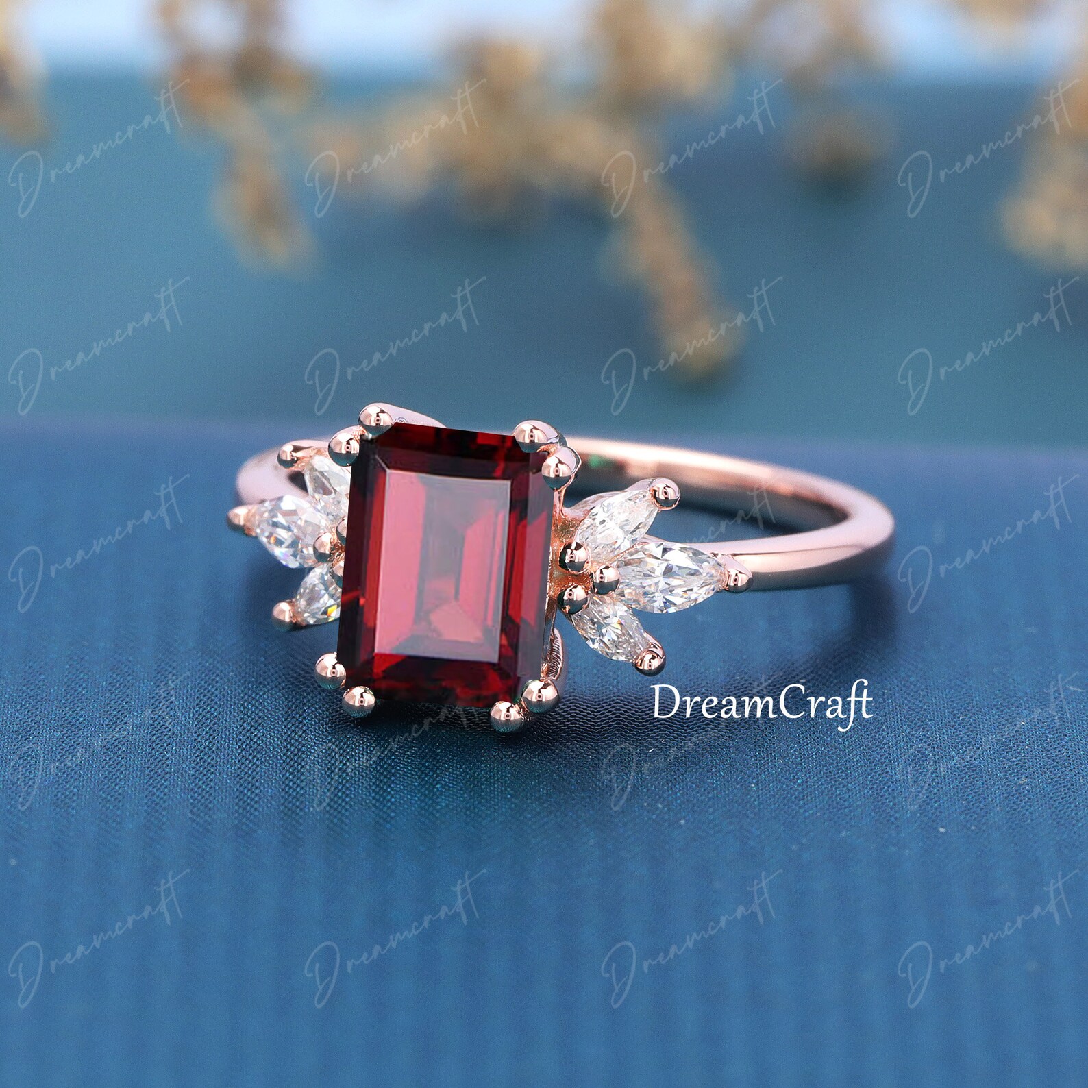 Garnet Engagement Ring 4ct Emerald Cut Vintage Solid Rose Gold ...