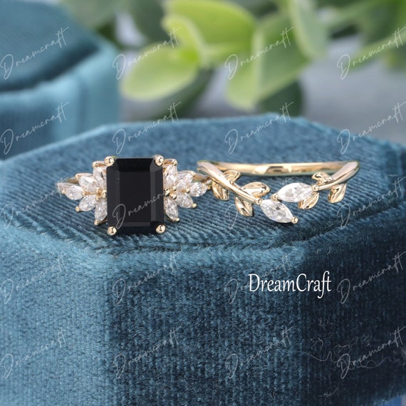 Emerald Cut Black Onyx Ring Sets Unique Vintage Rose Gold 2ct - Etsy