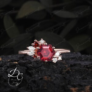 Vintage Hexagon Cut Ruby Ring Sets Rose Gold Unique July Birthstone ...