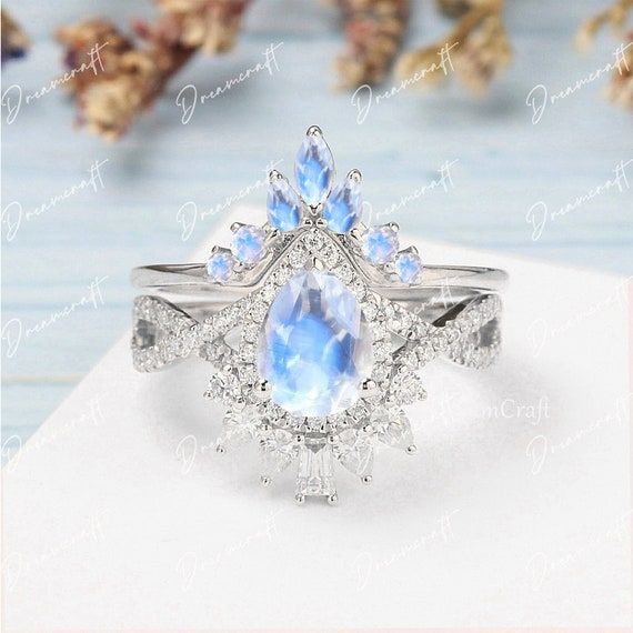 Pear Shape Moonstone Engagement Ring Unique Wedding Ring Sets | Etsy