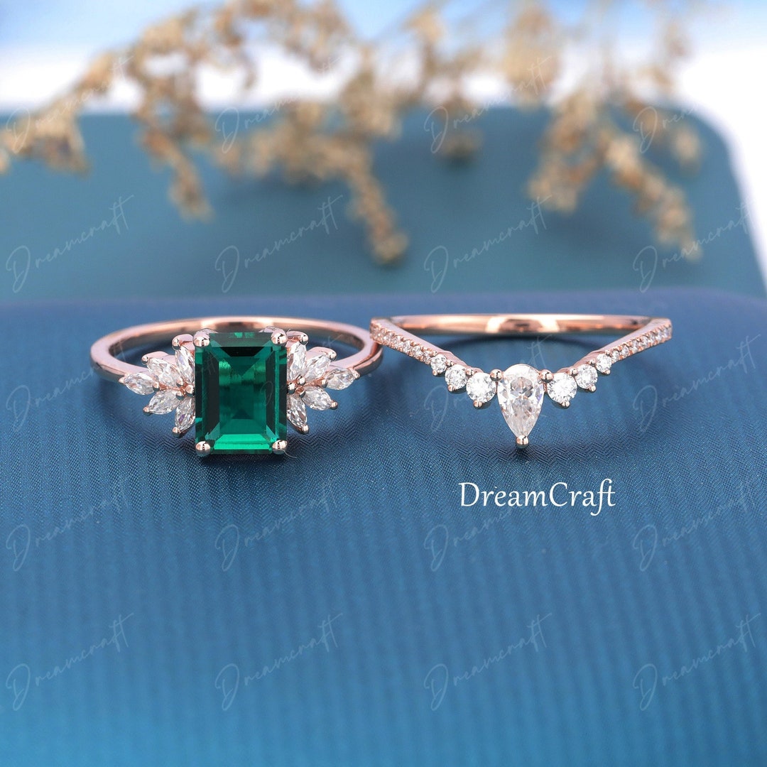 Vintage Emerald Engagement Ring Sets Rose Gold Emerald Cut - Etsy