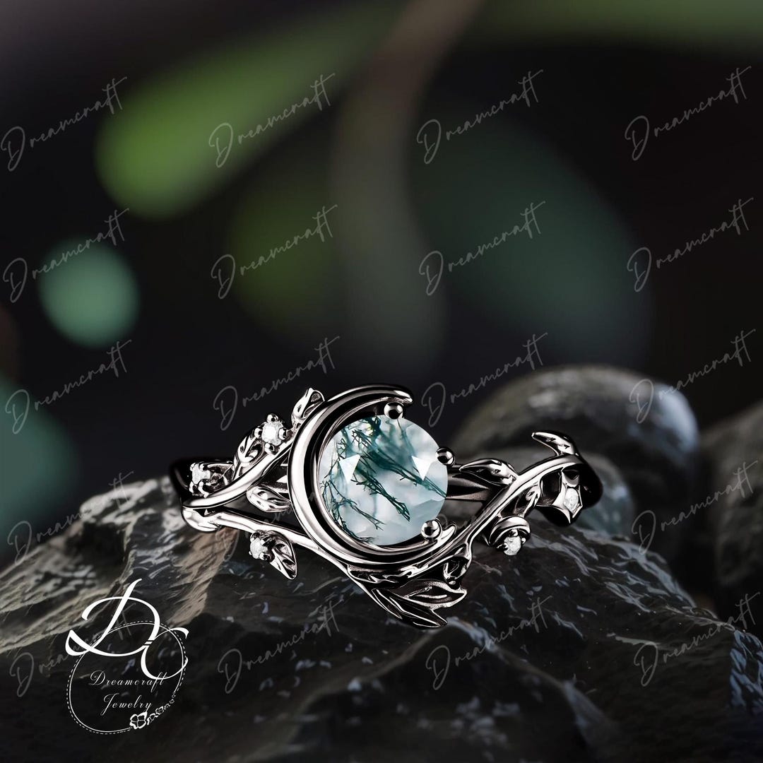 Gothic Moss Agate Engagement Ring Vintage Moon Black Gold Green ...