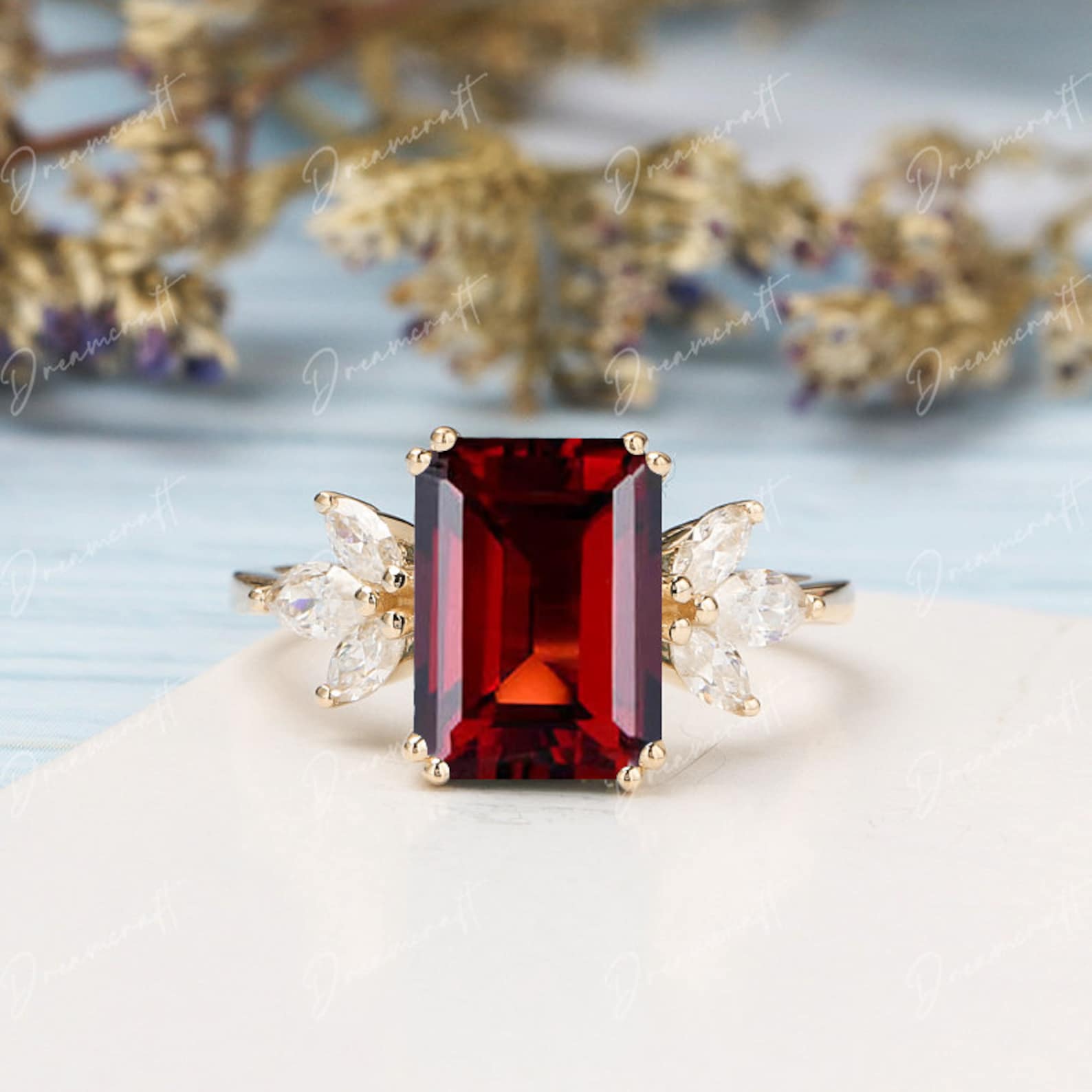 Garnet Engagement Ring 4ct Emerald Cut Vintage Rose Gold - Etsy