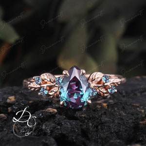 Art Deco Leaf Rose Gold Pear Alexandrite Engagement Ring Sets Nature ...