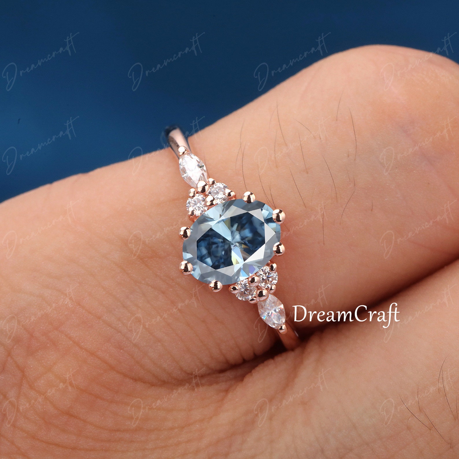 Blue Grey Moissanite Engagement Ring Oval Cluster Ring Vintage - Etsy