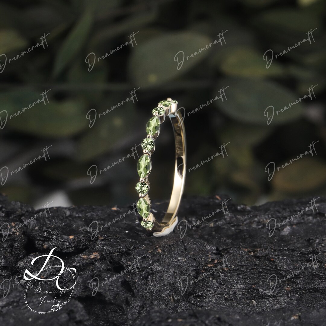 Unique Marquise Cut Peridot Wedding Band Solid 14K 18K Gold Promise ...