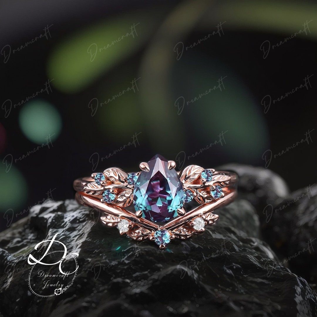 Art Deco Leaf Rose Gold Pear Alexandrite Engagement Ring Sets Nature ...