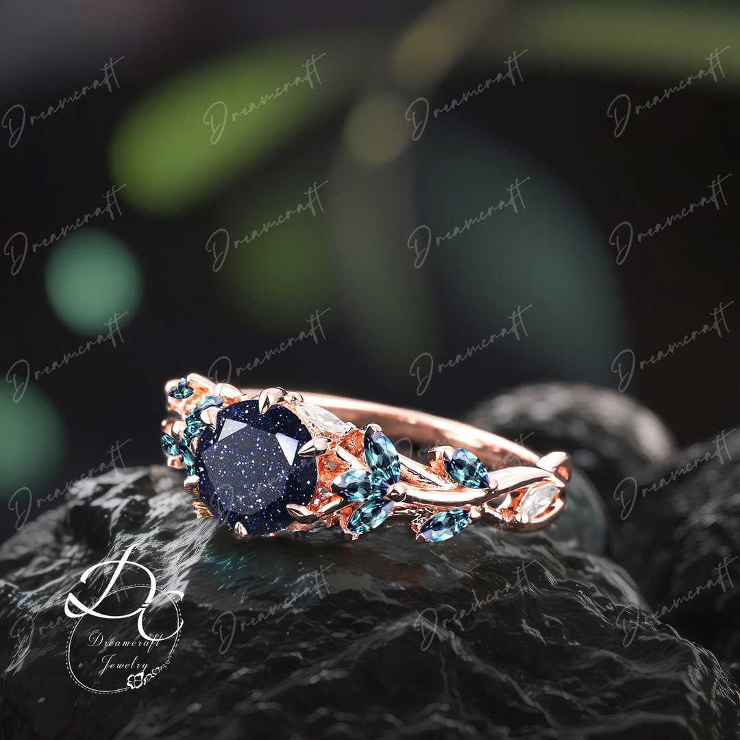 Vintage Blue Sandstone Engagement Ring Unique Cluster Promise Ring for ...