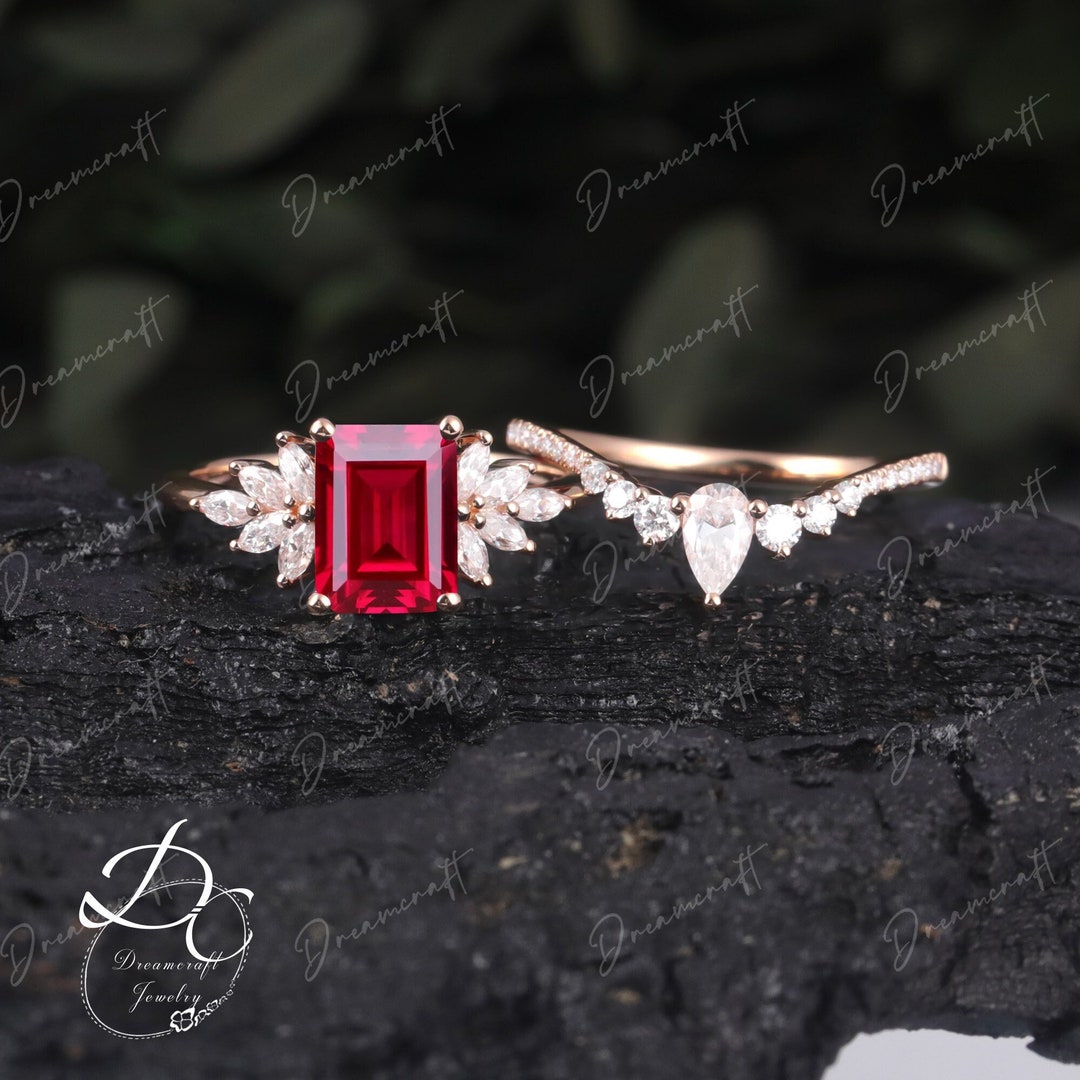 Vintage Ruby Engagement Ring Sets Rose Gold Unique Emerald Cut ...