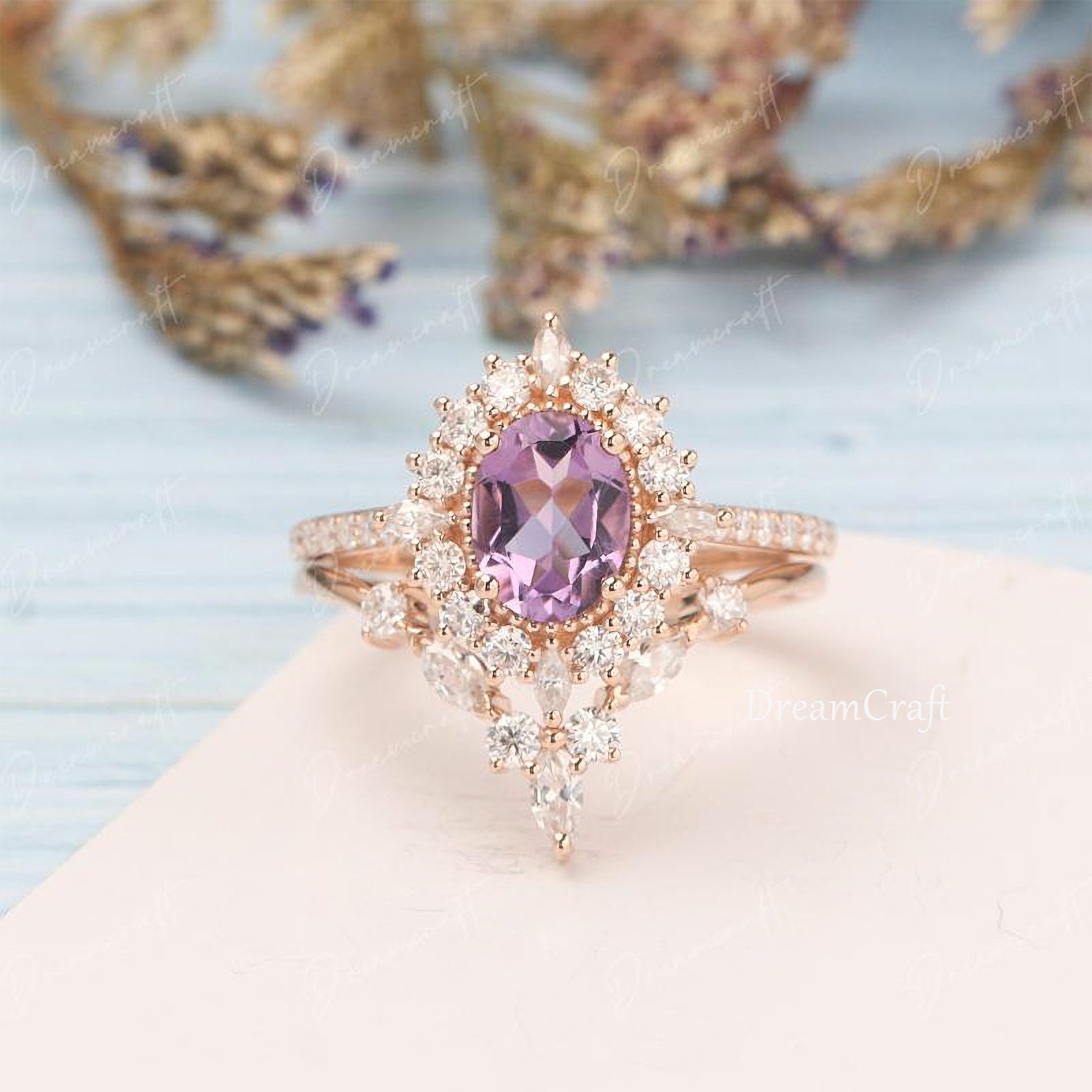 Amethyst Engagement Ring Vintage Oval Halo Engagement Ring 14K - Etsy