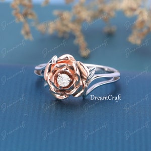 Solitaire Natural 3mm Diamond Ring/ David Design Rose Flower Ring 14k ...