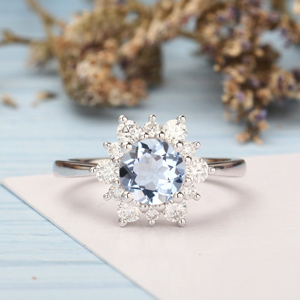 Snowflake Aquamarine Engagement Ring 1.0ct Round Gemstone Halo - Etsy