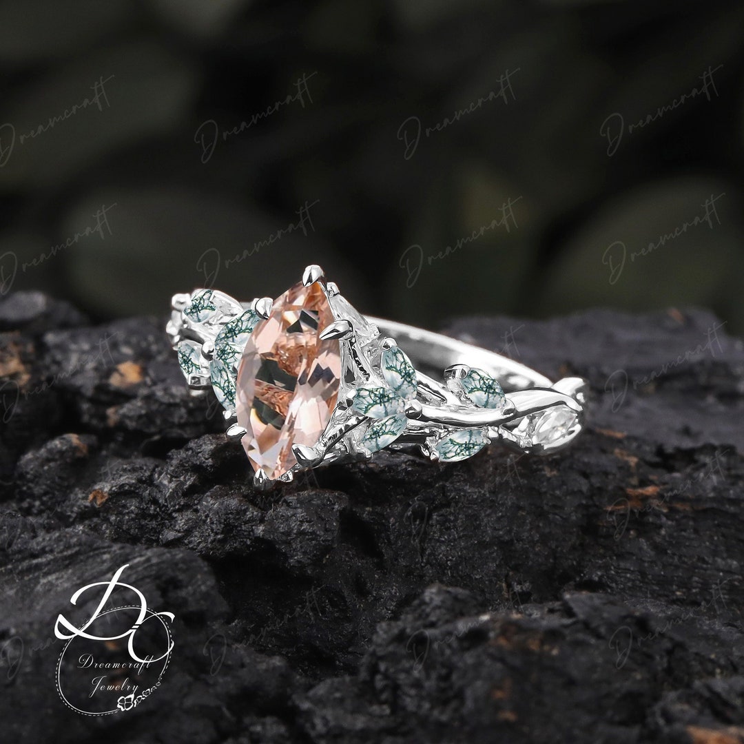 Vintage Marquse Cut Morganite Engagement Ring Nature Inspired Cluster ...