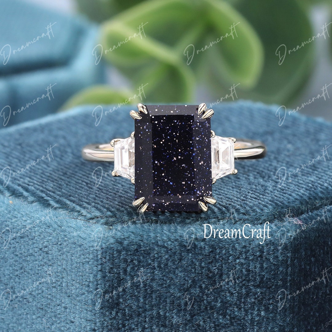 Blue Sandstone Engagement Ring 4CT Emerald Cut Vintage Unique Solid ...