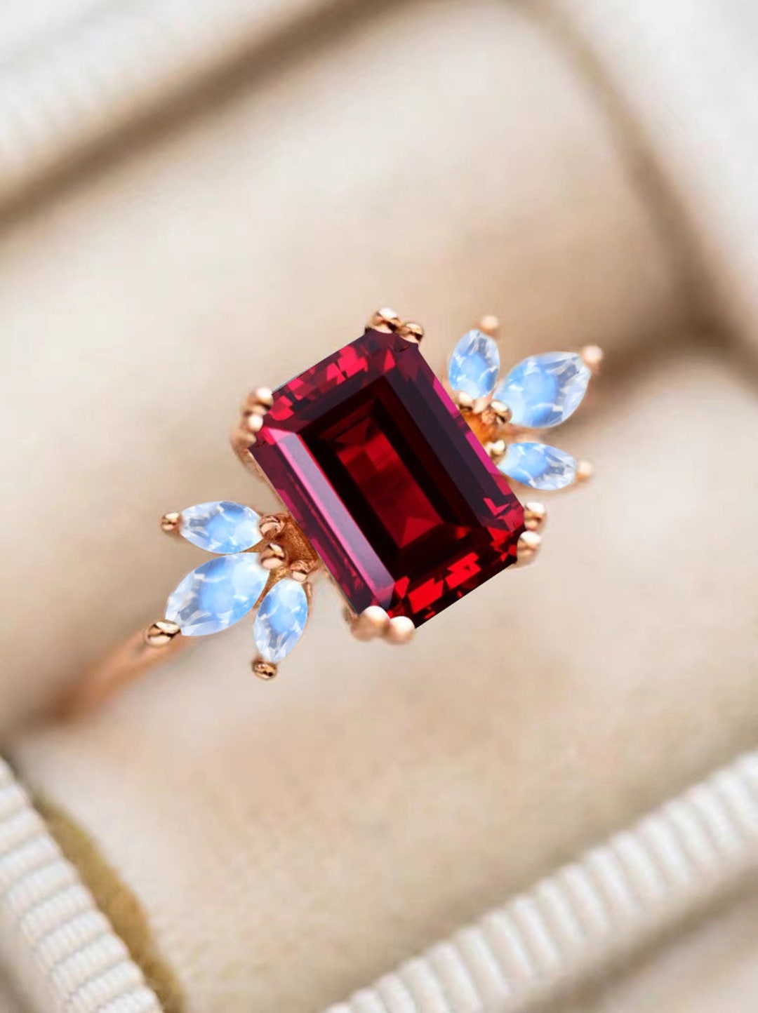 Lab Red Ruby Engagement Ring 4ct Emerald Cut Vintage Rose Gold ...