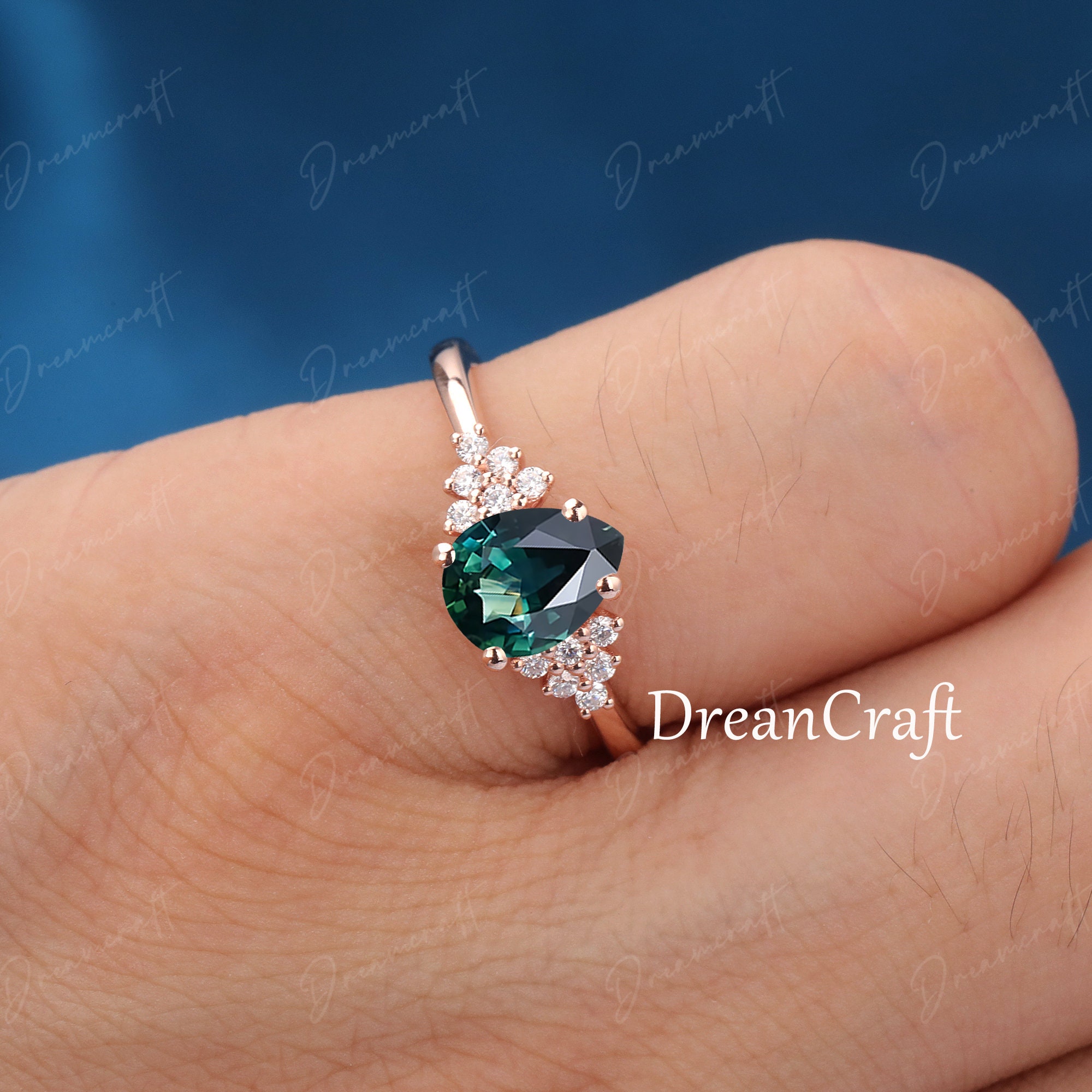 Blue Green Sapphire Engagement Ring Rose Gold Ring Unique Pear | Etsy