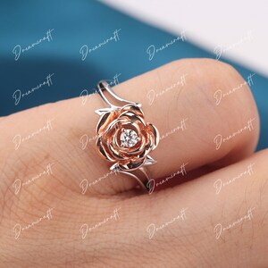 Solitaire Natural 3mm Diamond Ring/ David Design Rose Flower Ring 14k ...