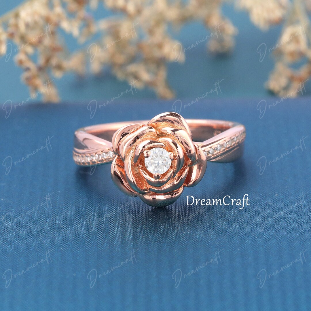 Unique Rose Flower Promise Ring Moissanite Floral Engagement Wedding ...