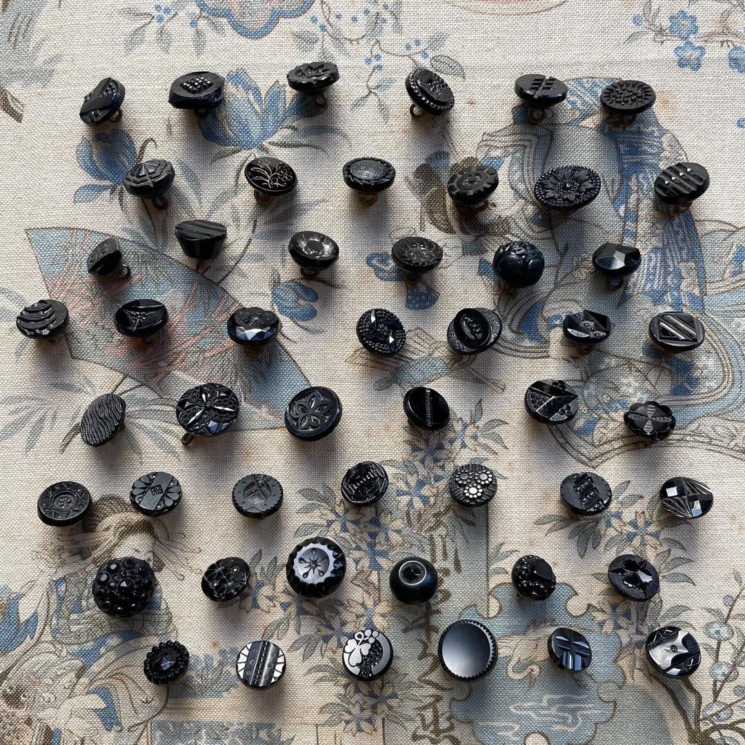 Antique Victorian Black Glass Buttons, Fifty Small Black Glass Brass ...
