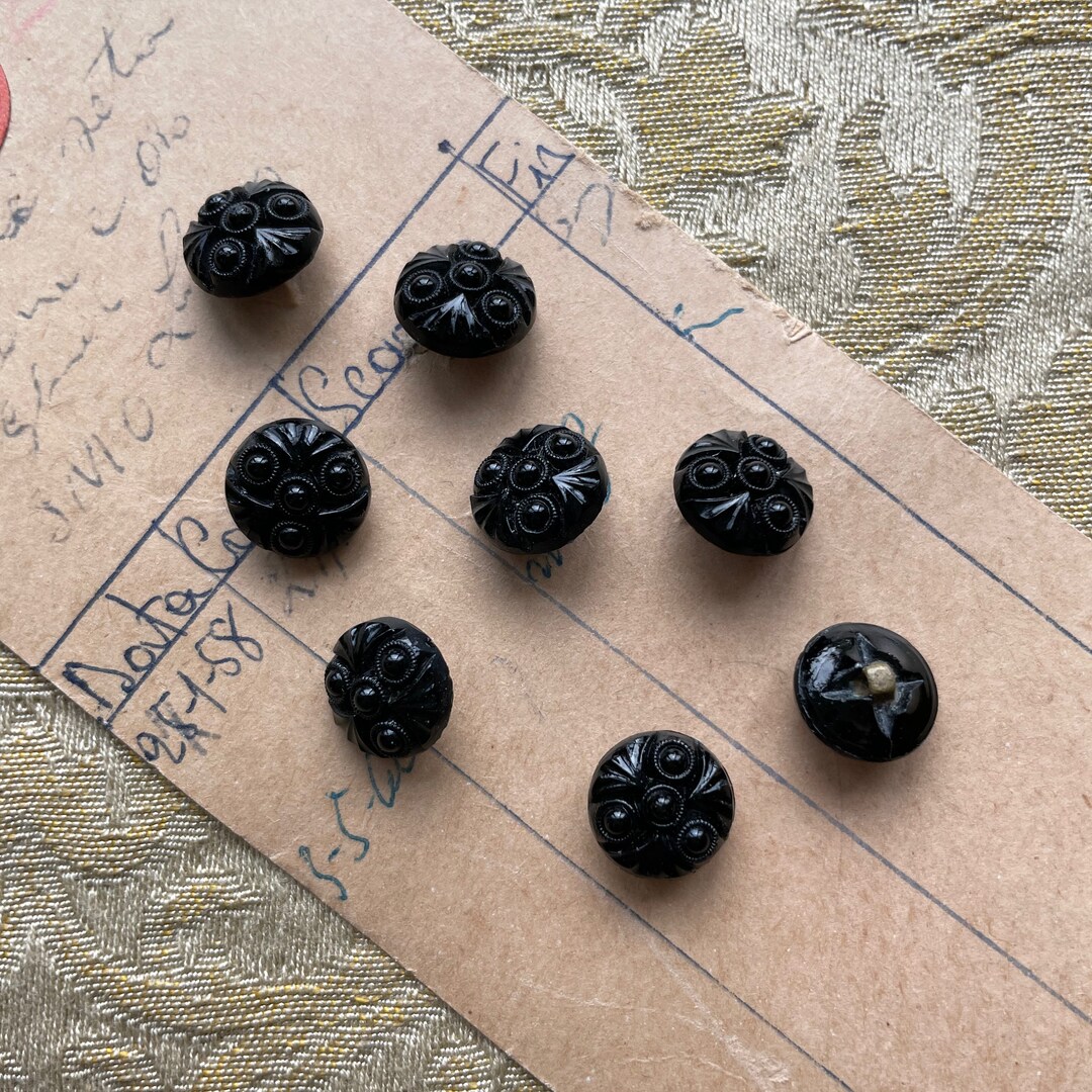 Antique Victorian Black Glass Buttons, Collection of 8 Small Vintage ...