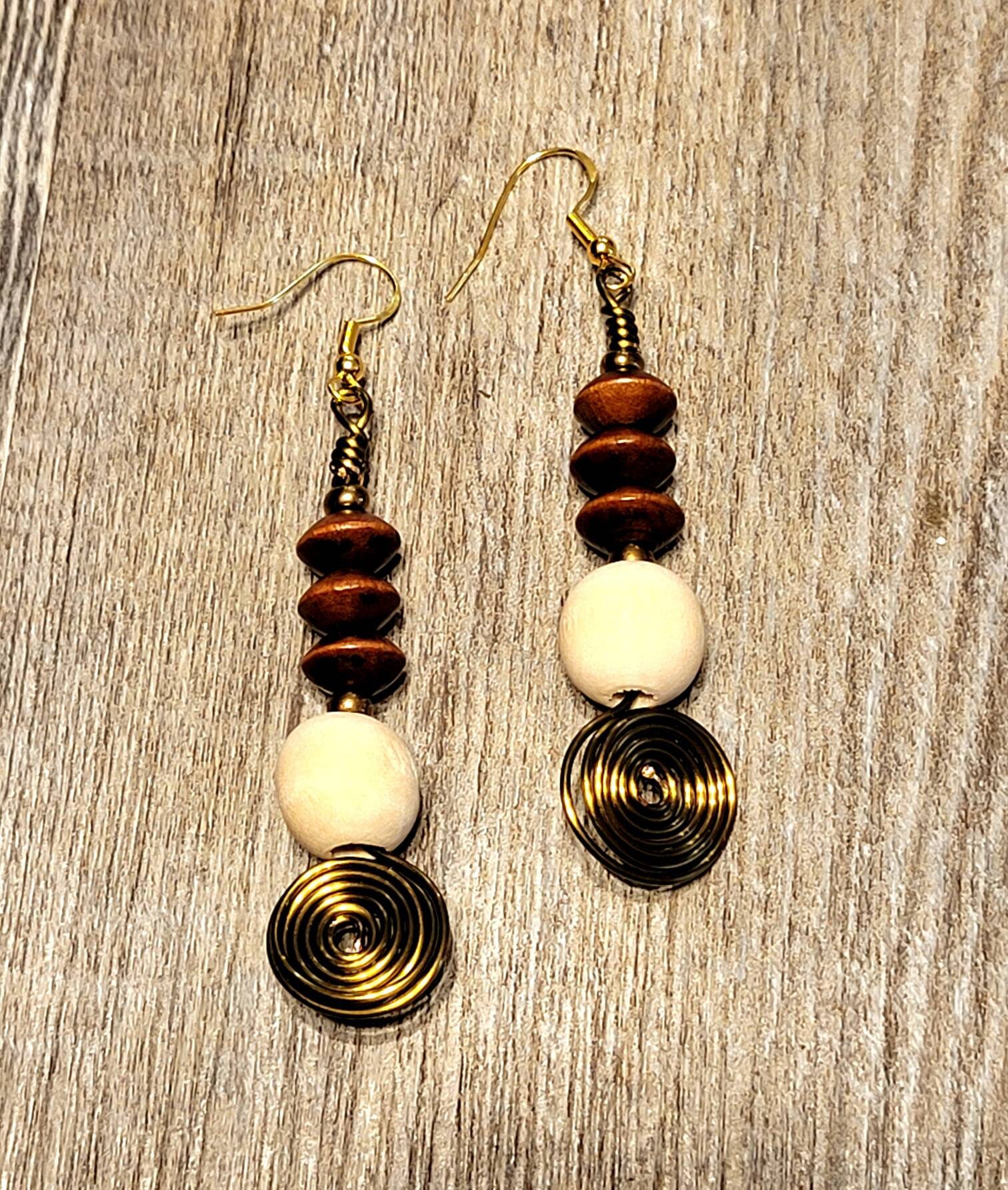 Copper Wire Beaded Dangle Earrings - Spiral - Etsy