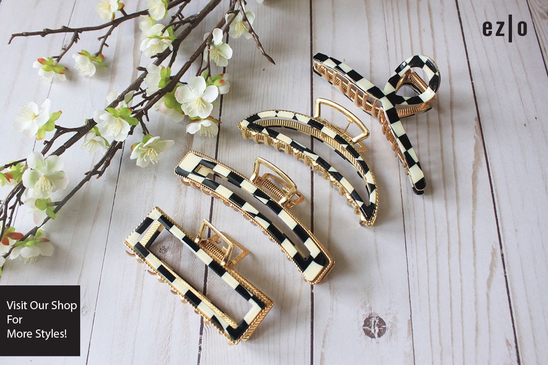 Large Checkered Hair Claw Clip,plaid Hair Clip, Metal Black Checkered ...