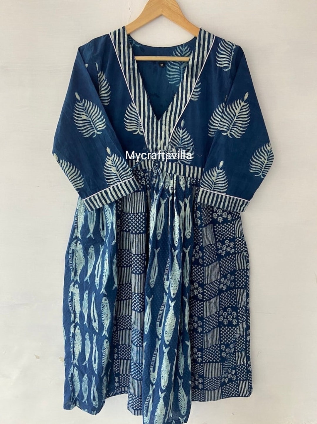 New Indigo Fish Print Dressindian Cotton Dress Patchwork - Etsy