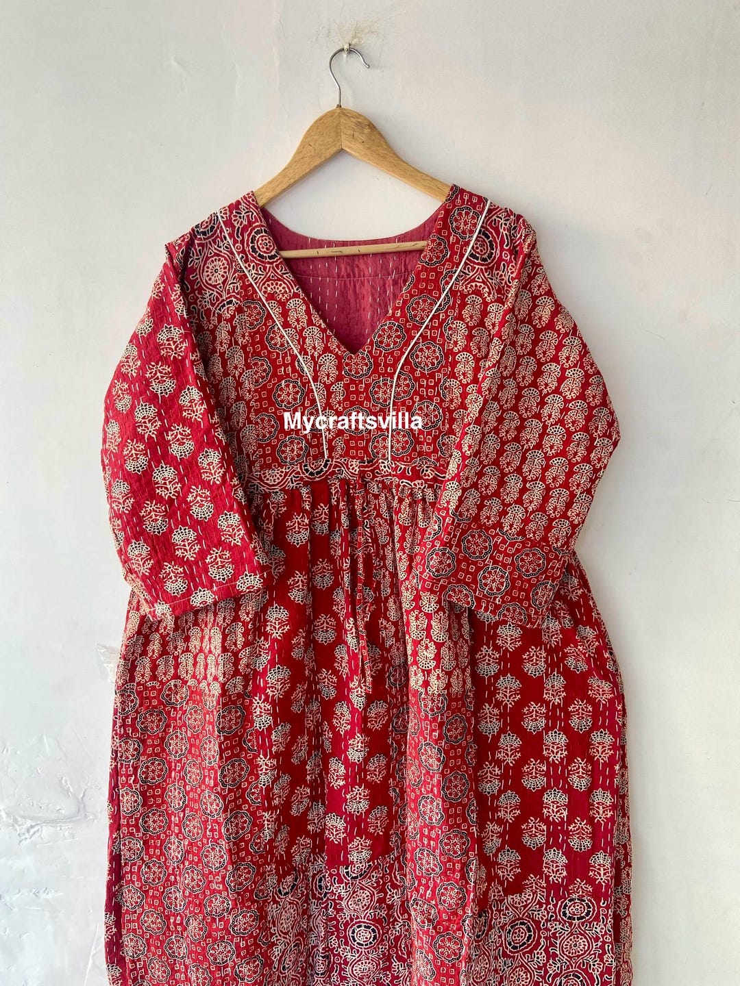 Red Kantha Handblock Print Dress , Boho and Hiipi Dress, Casual Dress ...