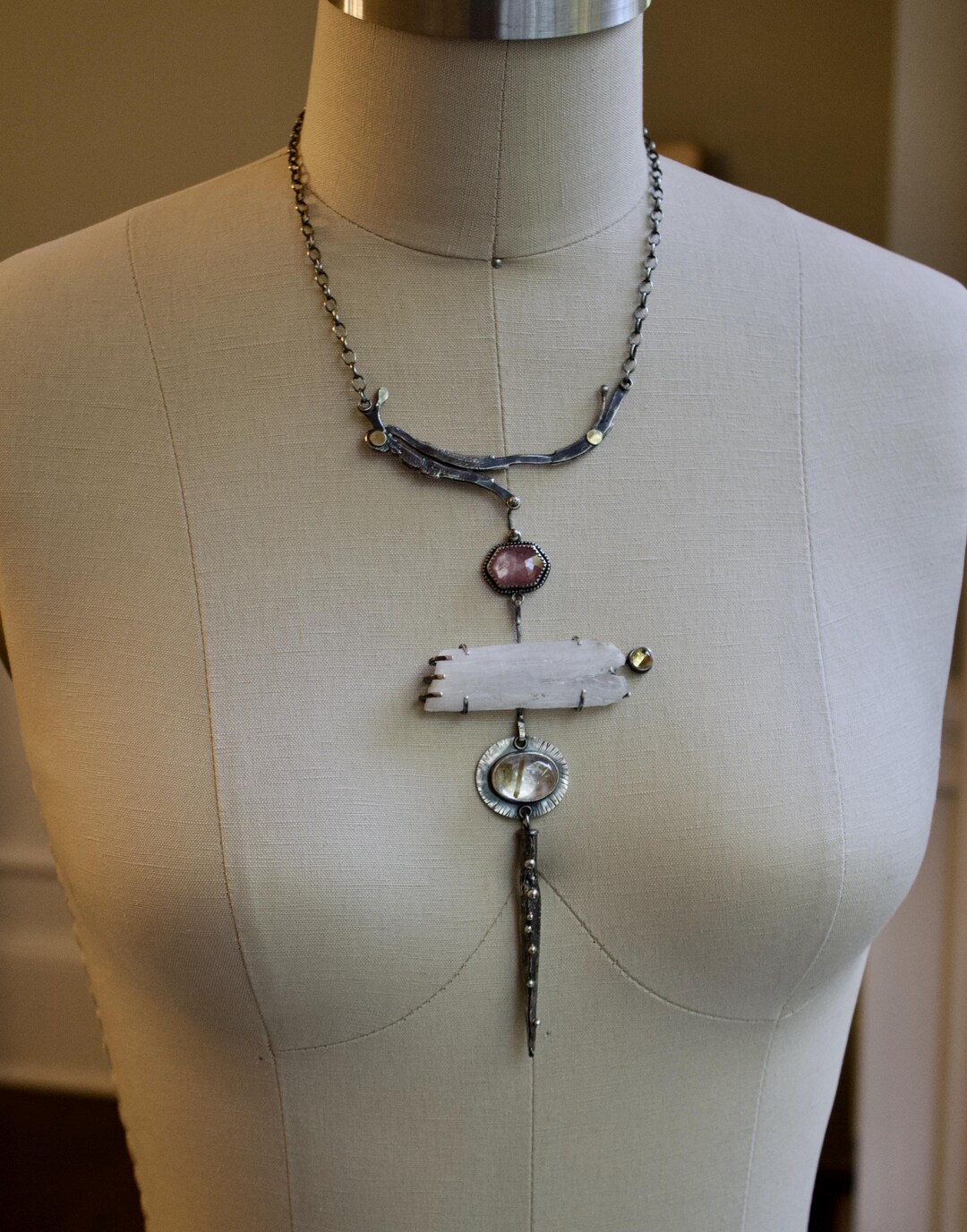 Sterling Silver Hand Forged Necklace With Selenite Pink Sapphire Golden ...