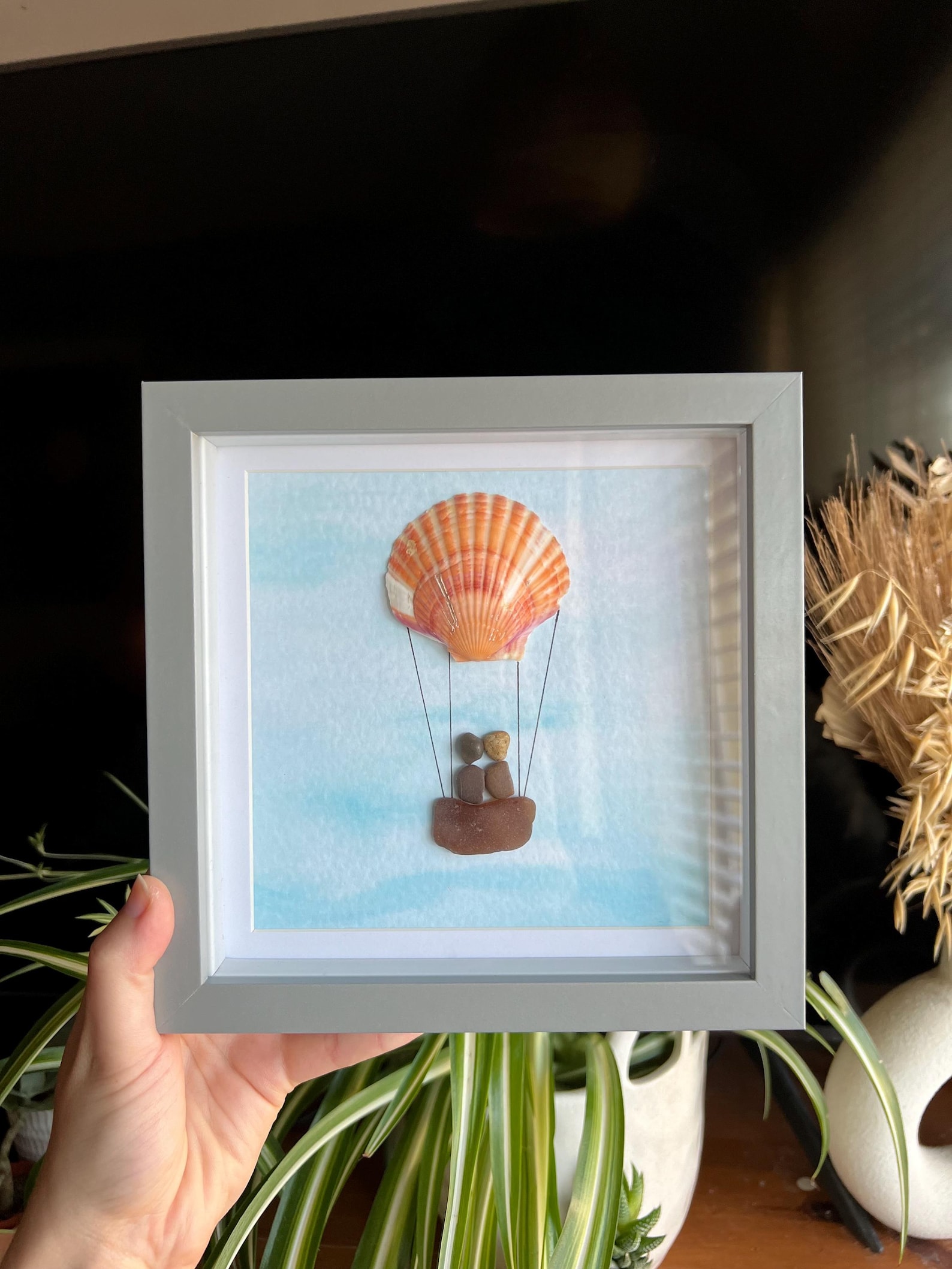 Hot Air Balloon, Scallop Shell, Pebble and Seaglass Framed Artwork ...