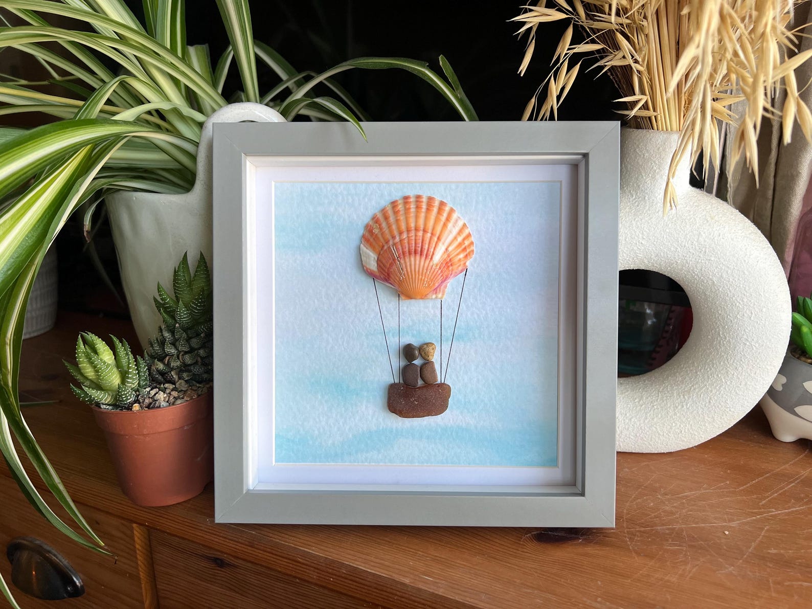 Hot Air Balloon, Scallop Shell, Pebble and Seaglass Framed Artwork ...