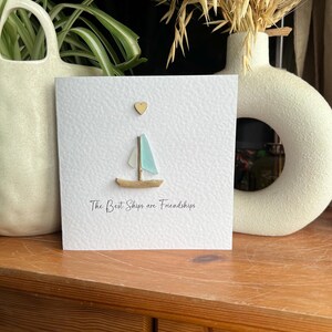 Handmade Friendship Sea Glass Art Card. Sea Glass Boat Greeting Card ...