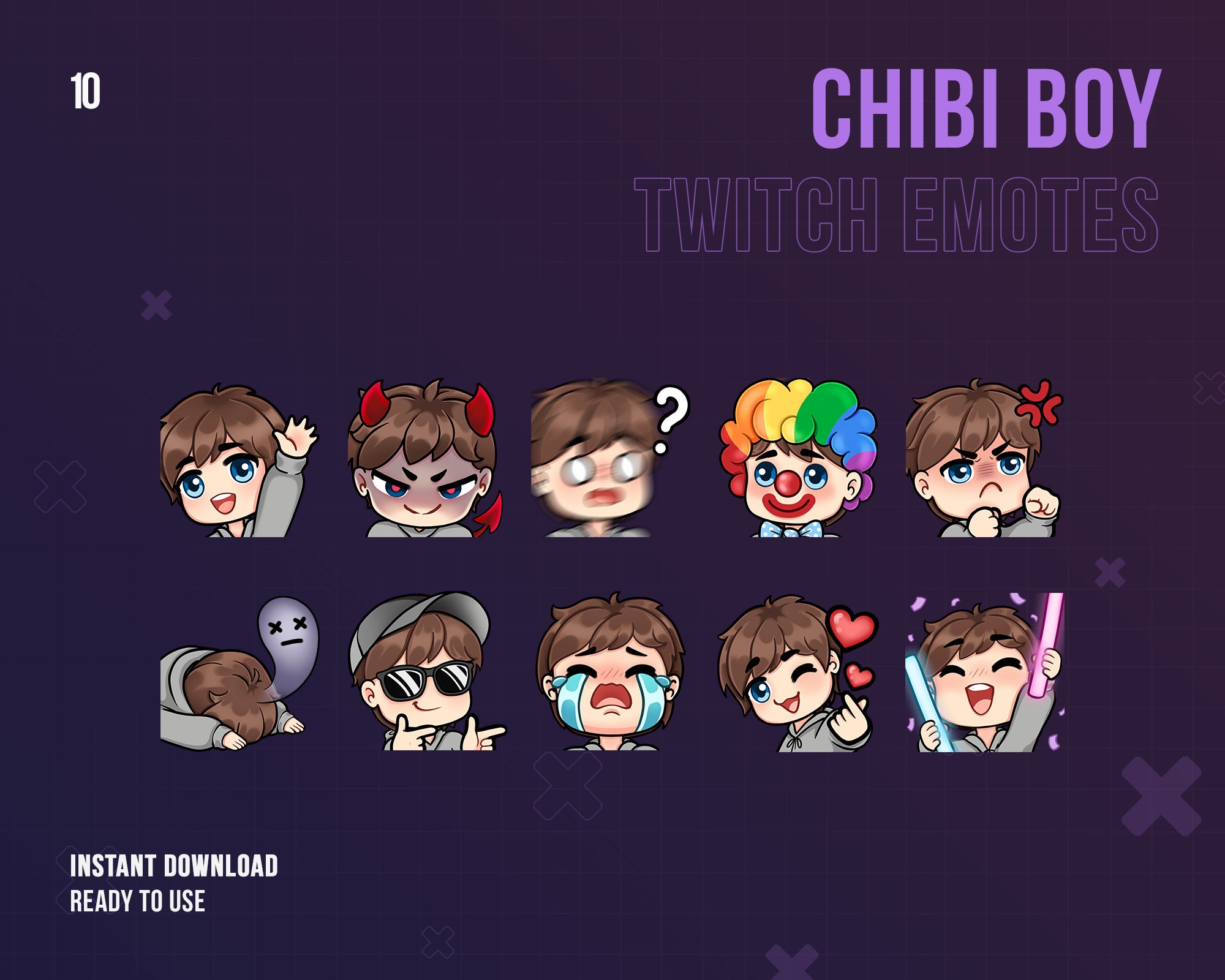 Streamer Boy Twitch Emotes | Chibi Boy Emotes | Cute | Brown Hair ...