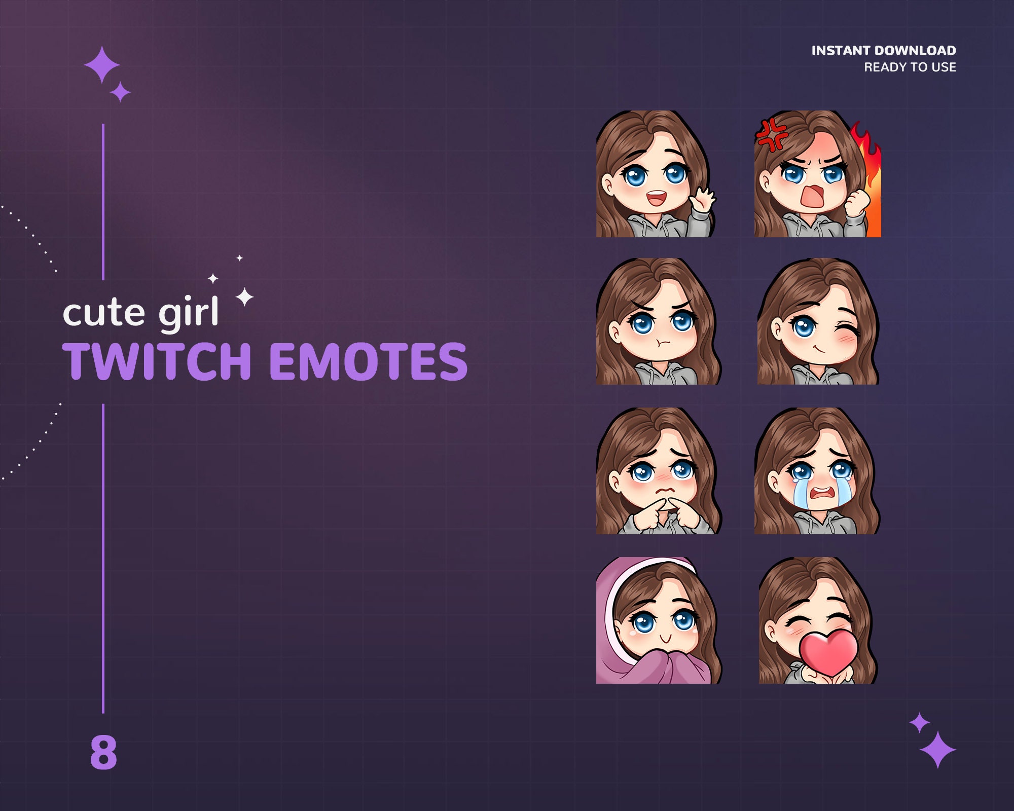 Twitch Emotes | Cute Girl Emotes | Stream Emotes | Brown Hair and Blue ...