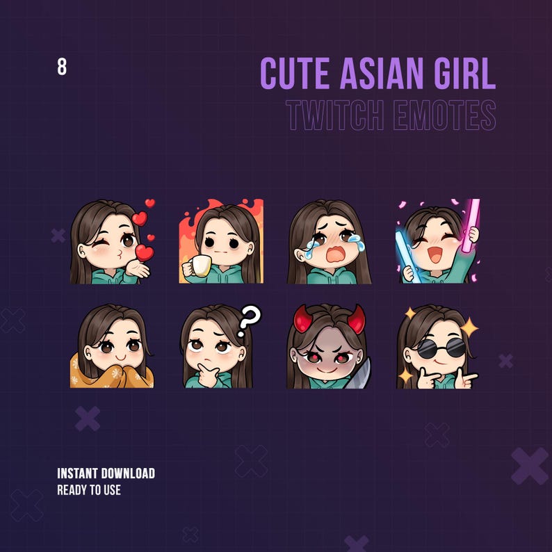 Cute Asian Girl Twitch Emotes | Kawaii Anime | Stream | Discord | Brown ...