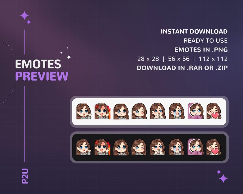 Twitch Emotes | Cute Girl Emotes | Stream Emotes | Brown Hair and Blue ...