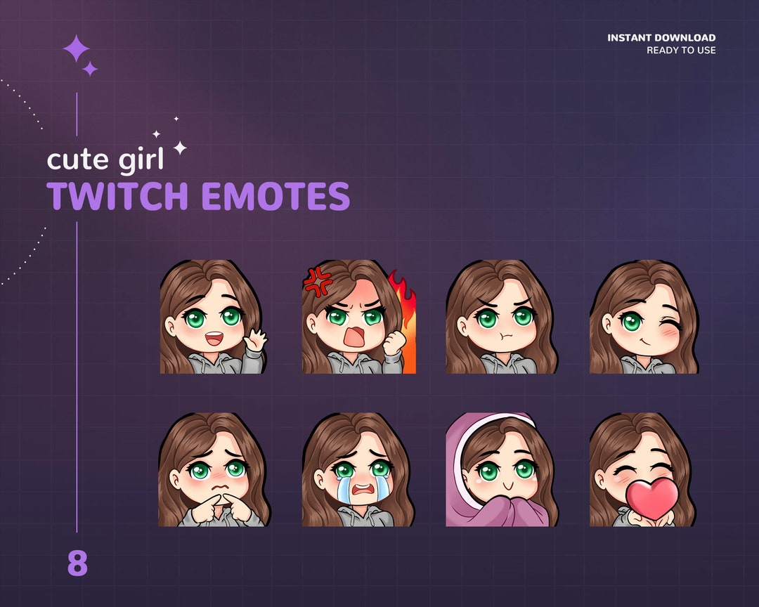 Twitch Emotes | Cute Girl Emotes | Stream Emotes | Brown Hair and Green ...