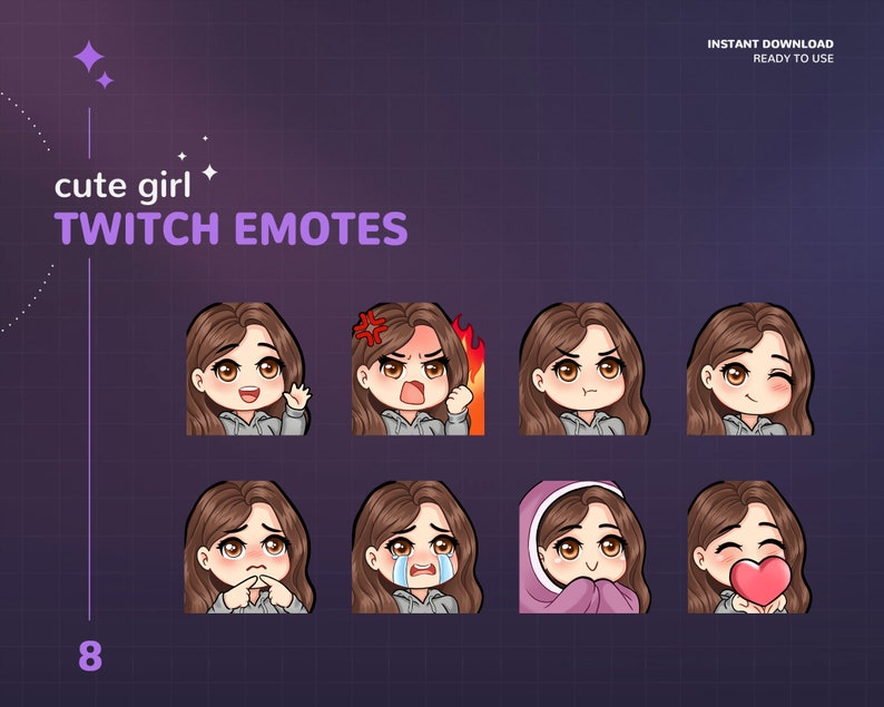 Twitch Emotes | Cute Girl Emotes | Stream Emotes | Brown Hair and Brown ...