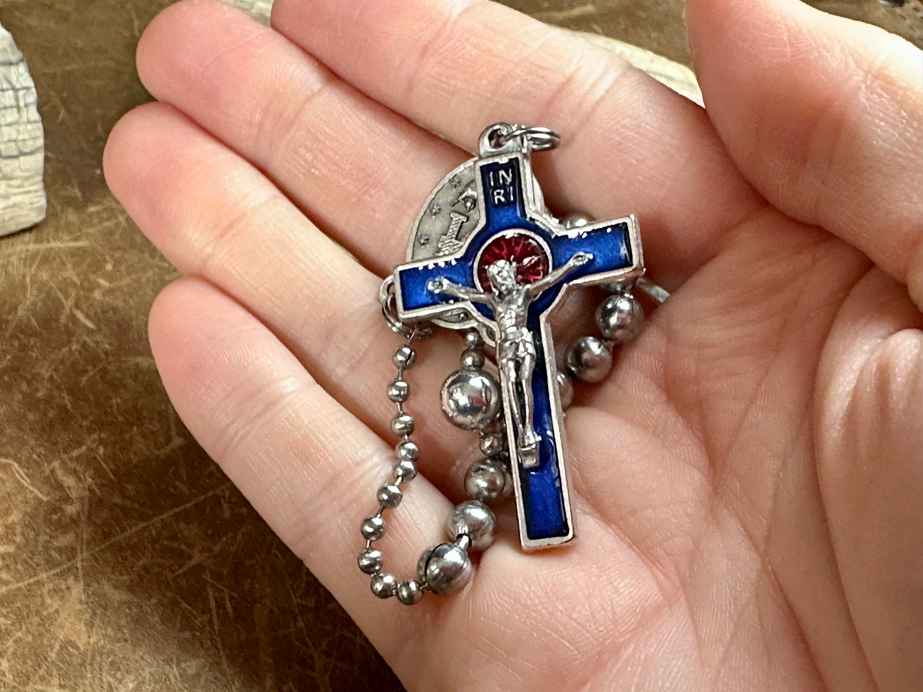 Blue Holy Spirit & Miraculous Medal Pocket Rosary: Ball Chain Military ...