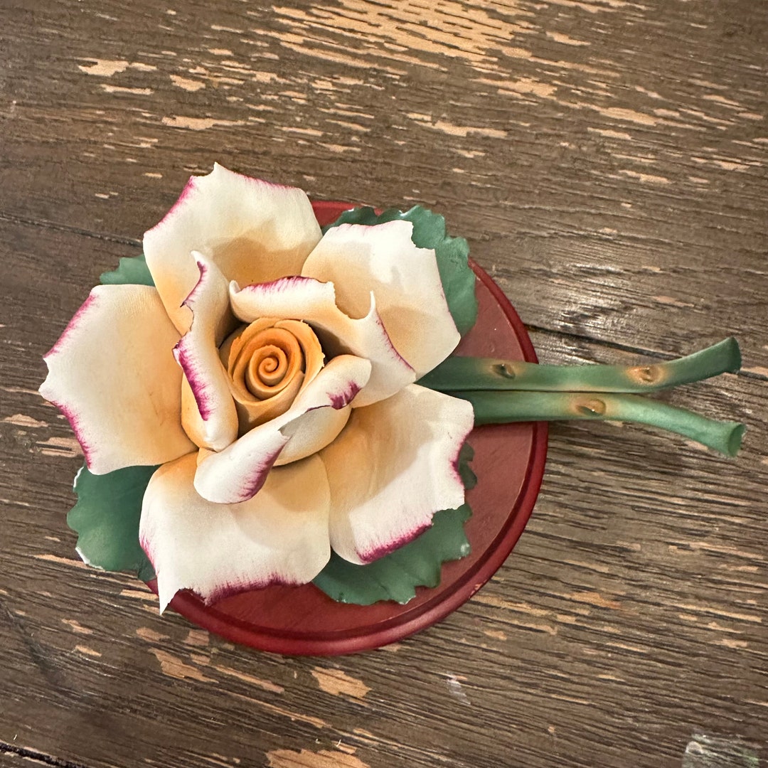 Capodimonte Vintage Yellow Rose, Purple Tip W/ Stem Porcelain Figurine ...