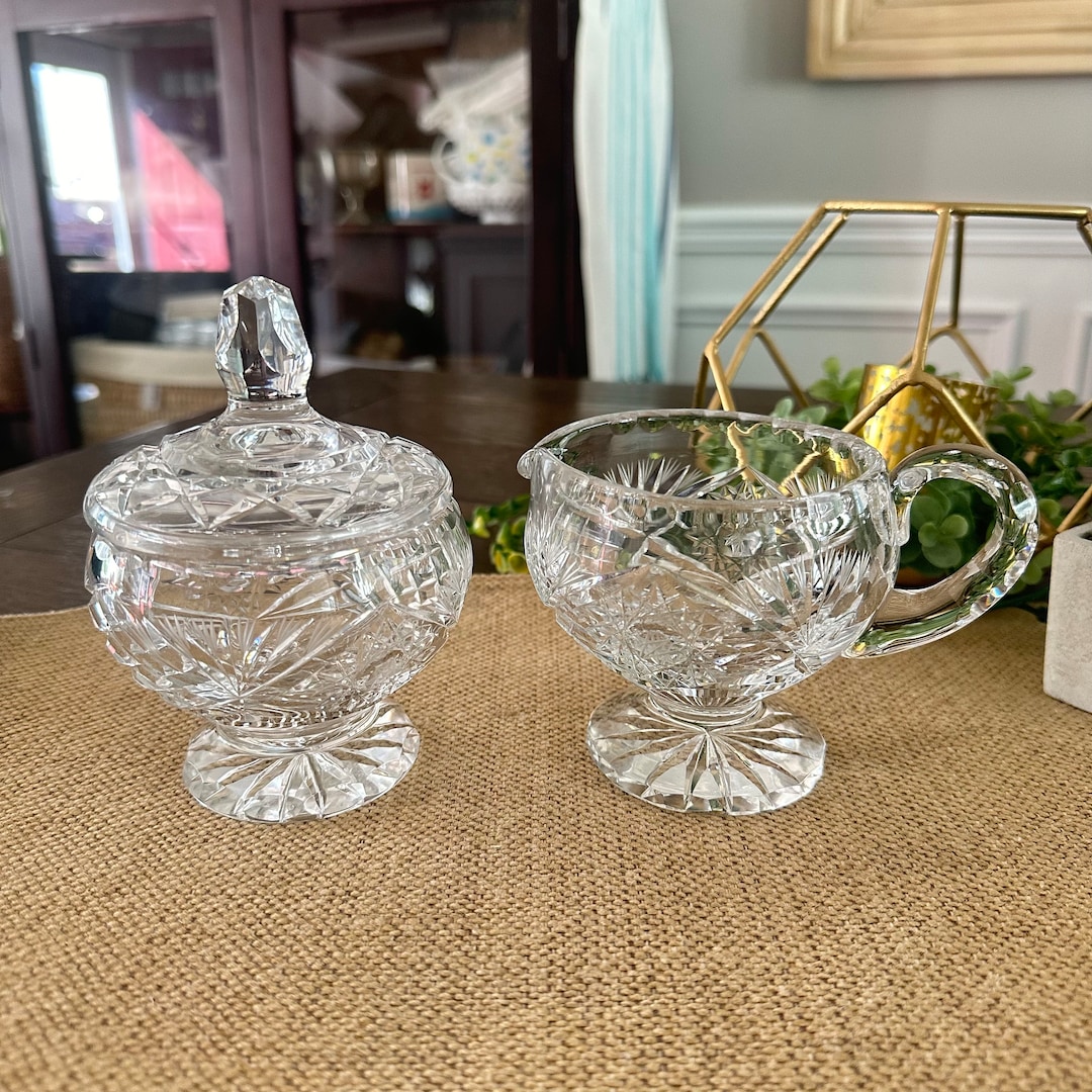 Vintage RARE Crystal Clear Cut Glass Sugar Bowl With Lid & Creamer 2pc ...