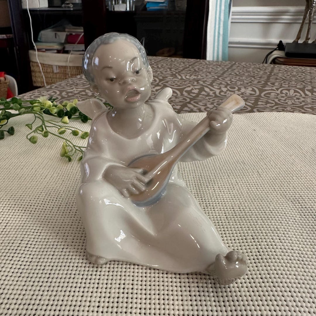 Lladro Porcelain Angel With Lute Mandolin Made in Spain Black Legacy ...