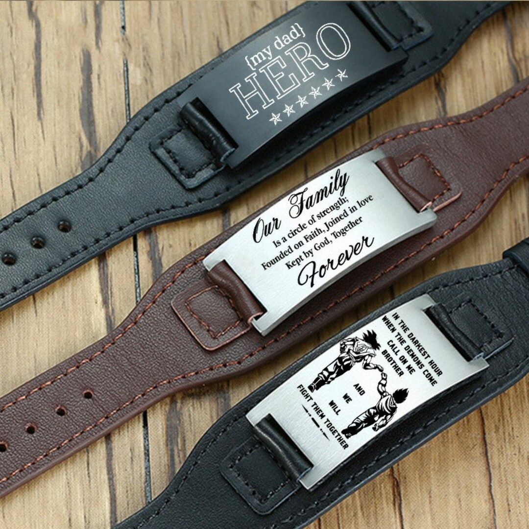 Mens's Personalize Bracelets BBF Family Father Leather Wristband ID Bar ...