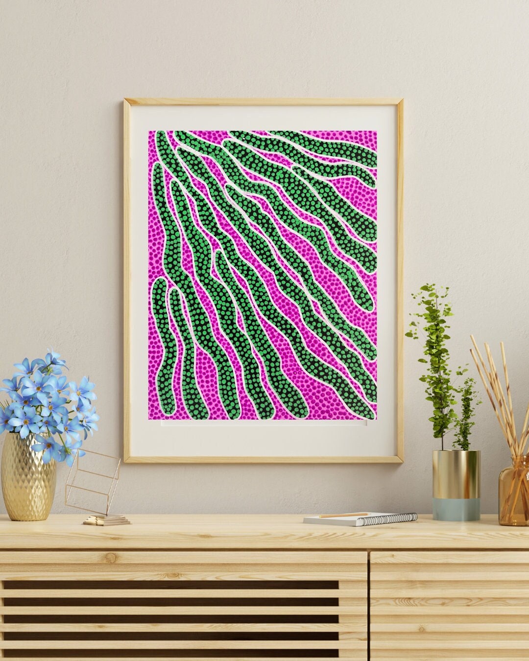 Abstract Contemporary Modern Wall Art Waves Coral Yellow Blue Dot ...