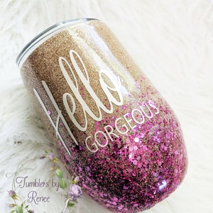 Pink Rose Gold and Gold Ombre Hello Gorgeous Glitter Tumbler With Lid ...